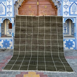 Irregular Grid Hand-knotted Wool Rug, Hand Knotted Moroccan Wool Green ...
