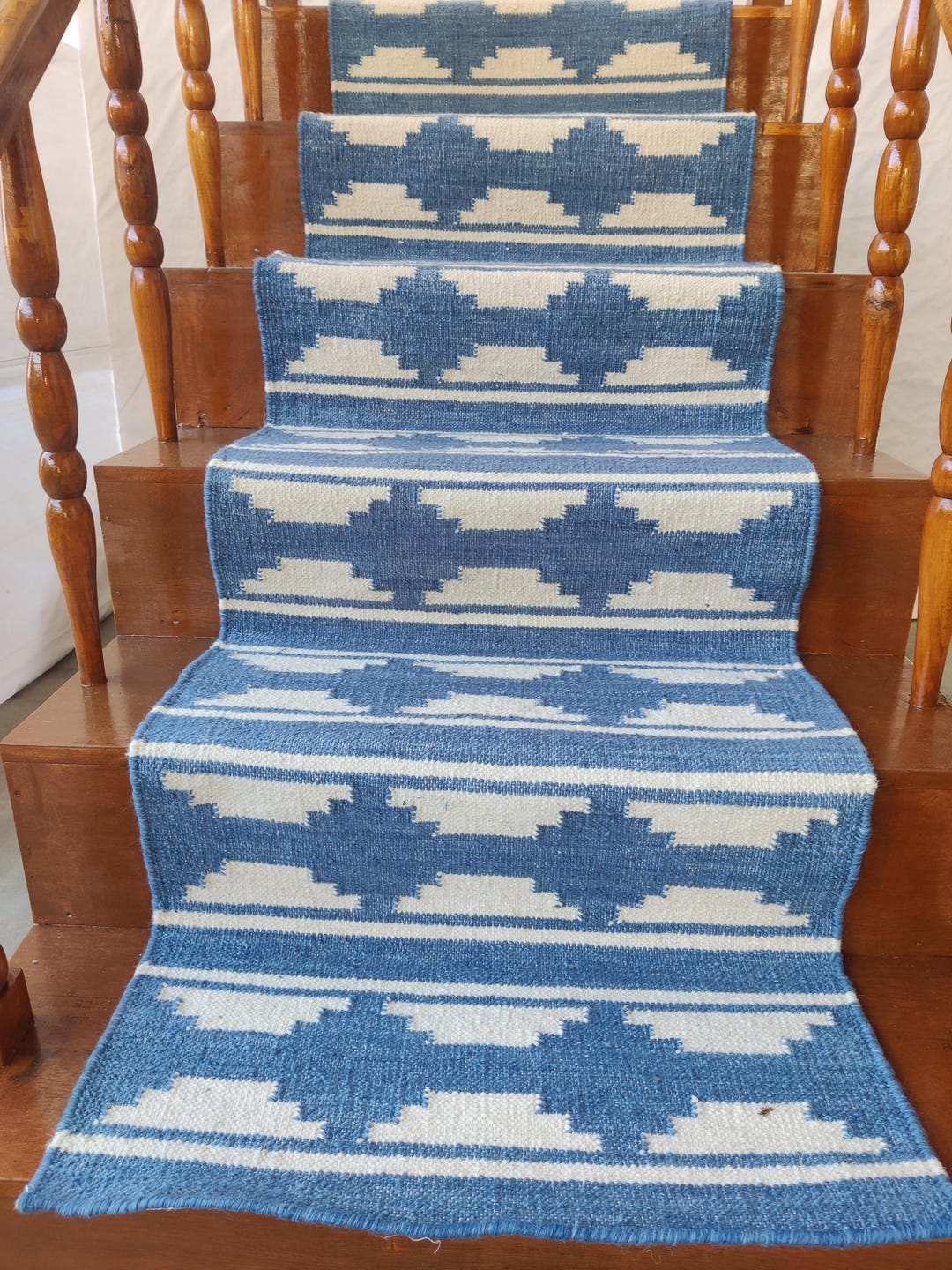 Wool Blue and White Handmade Runner, Handwoven Wool Runner for Stairs ...