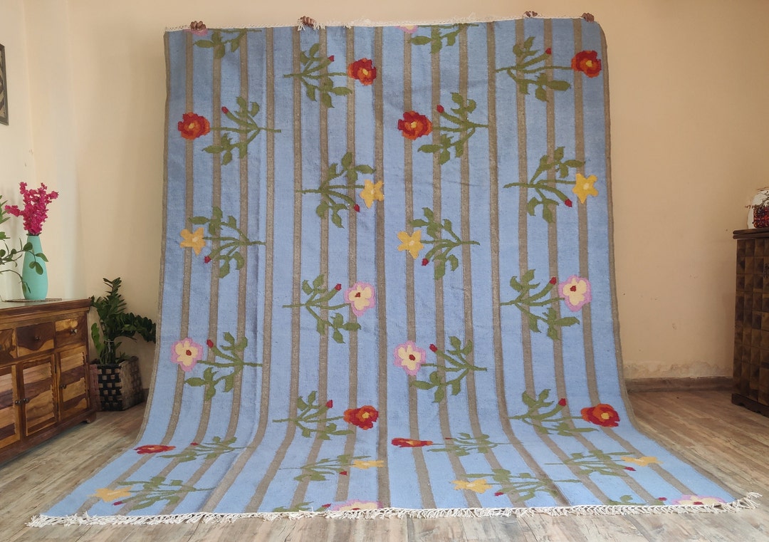 Handwoven Wool Dhurries, Handmade Floral Pattern Rug, Wool Flatweave ...