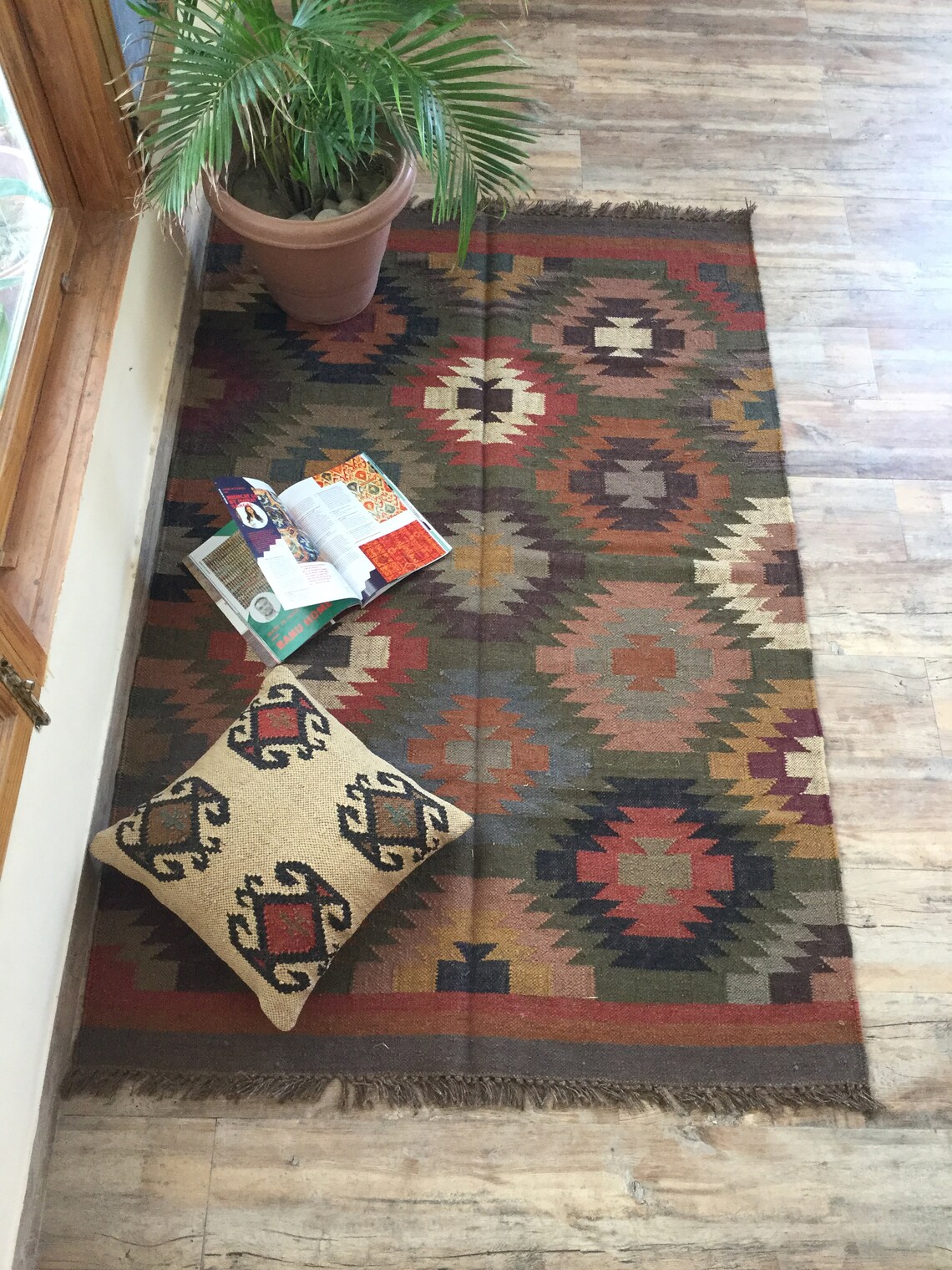 4X6 Wool Jute Geometric Kilim Area Rug Indian Handmade Persian - Etsy