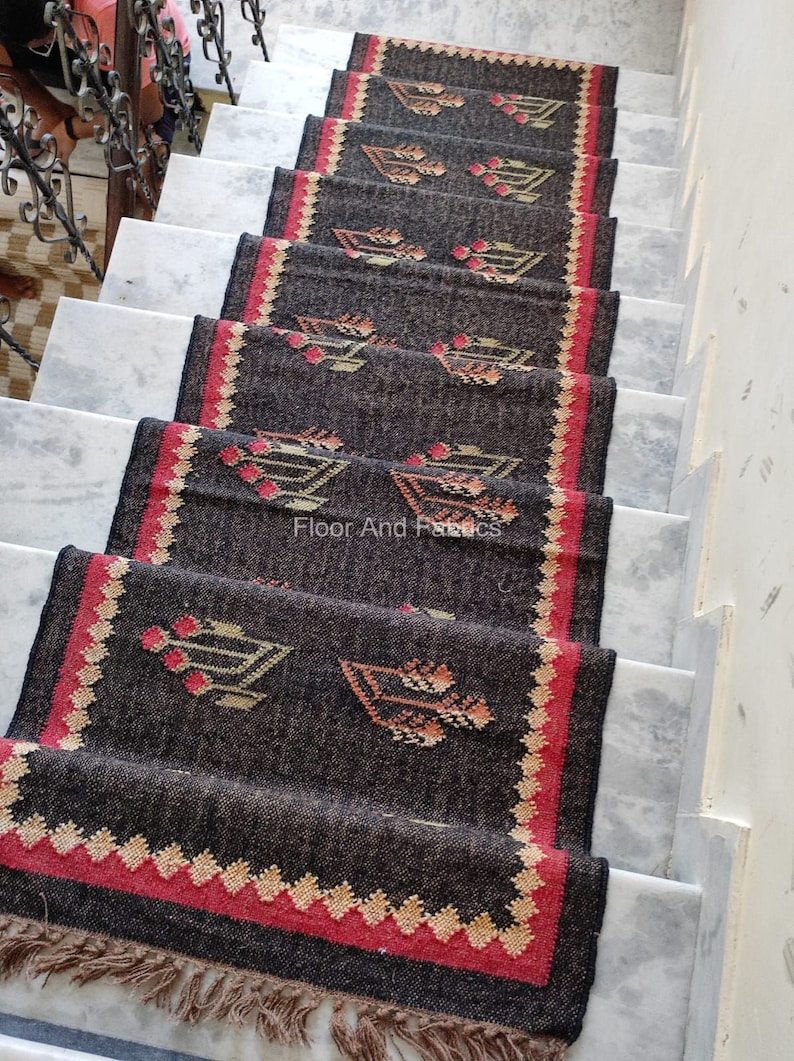 Stair Runner Rug, Black Jute Kilim Padded Carpet, Stairway Riser ...