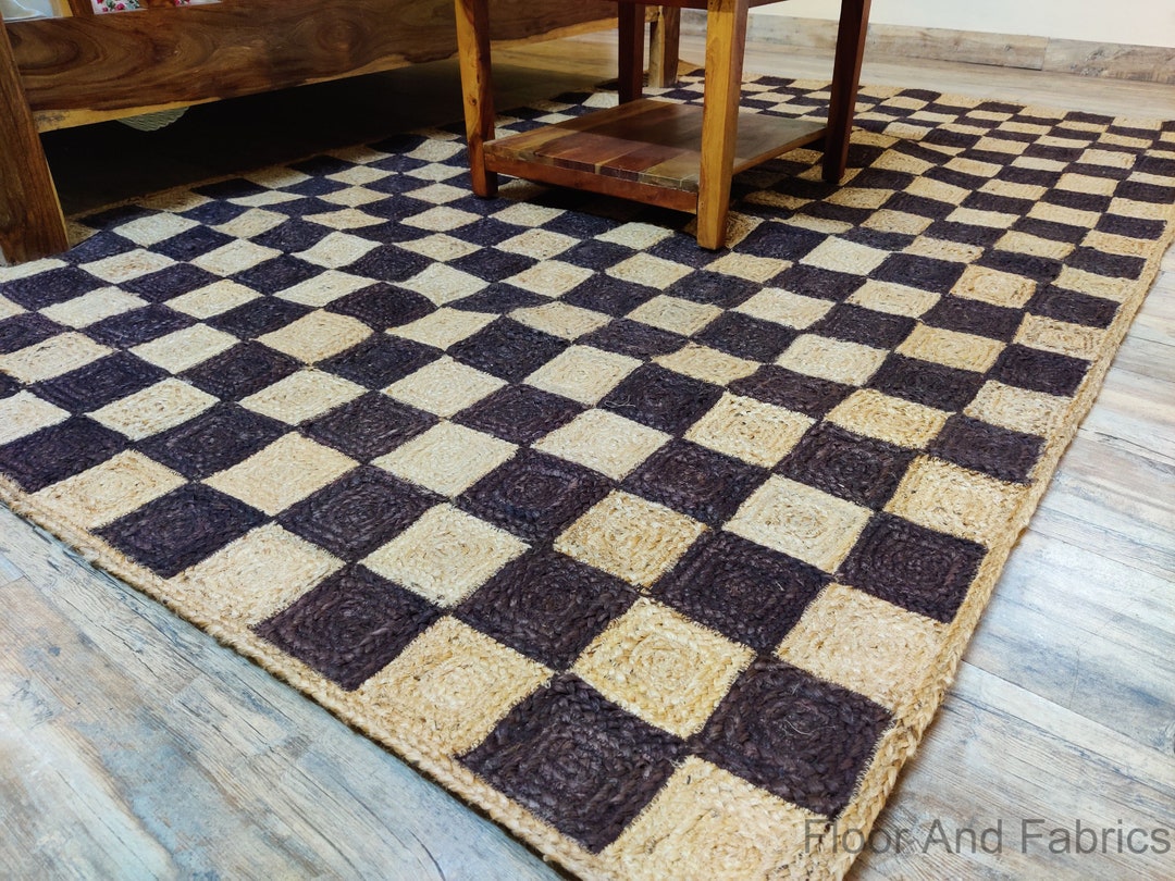 8X10 Ft Checker Board Rug, Jute Braided Area Dhurrie, Handmade ...