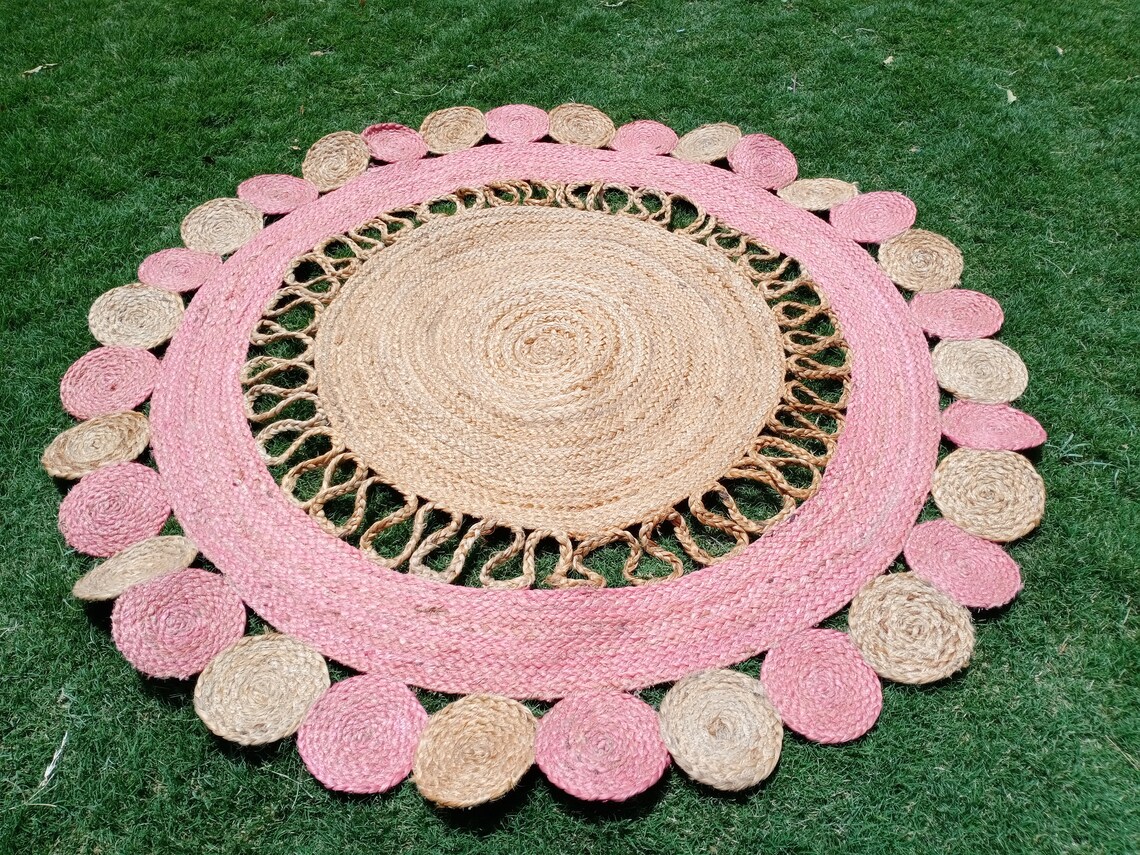 Jute Round Modern Circle Rug Natural With Baby Pink Jute - Etsy