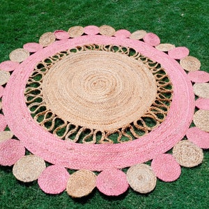 Jute Round Modern Circle Rug, Natural With Baby Pink Jute Table Decor ...