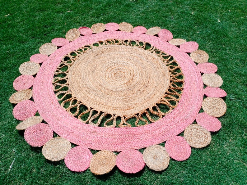 Jute Round Modern Circle Rug Natural With Baby Pink Jute - Etsy