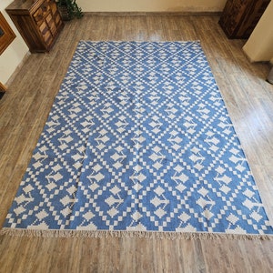 Cotton Wool Blue and White Handmade Rug, Handwoven Modern Flatweave ...