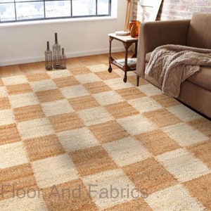 Natural Jute Organic Checkered Area Rug Grid Carpet Personalized - Etsy
