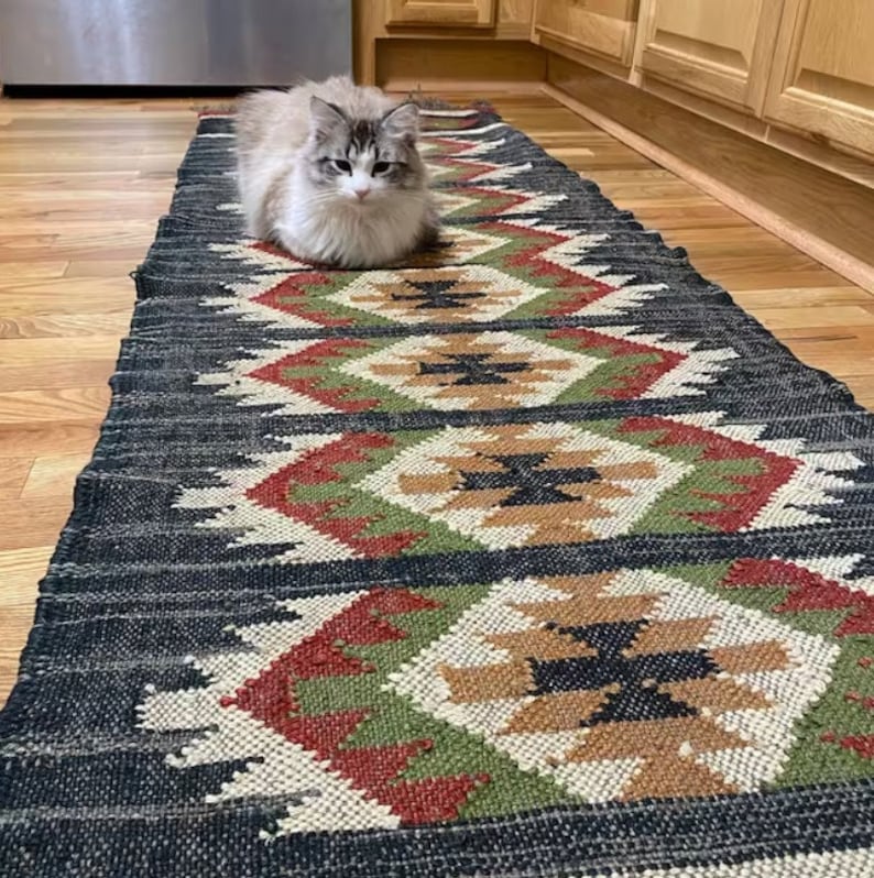 Handmade Navajo Kilim Runner Rug, Black Geometric Rectangle Area Carpet ...