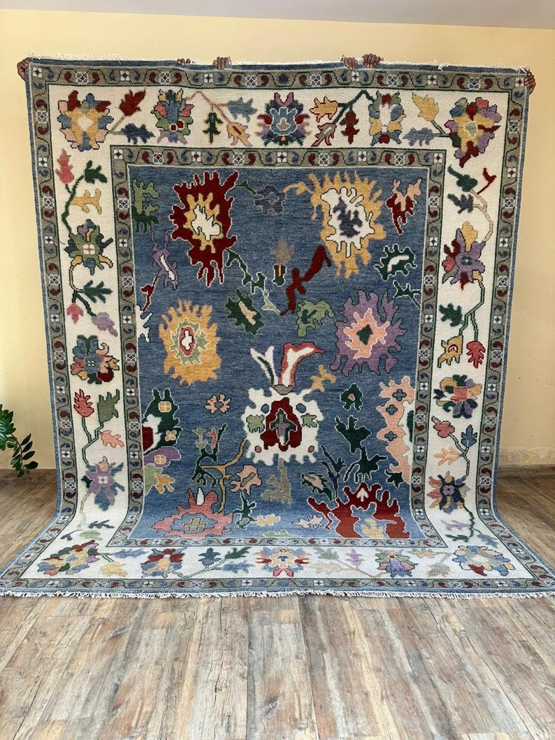 Oushak Anatolia 9x12 Blue Wool Hand Knotted Oriental Rug, Traditional ...