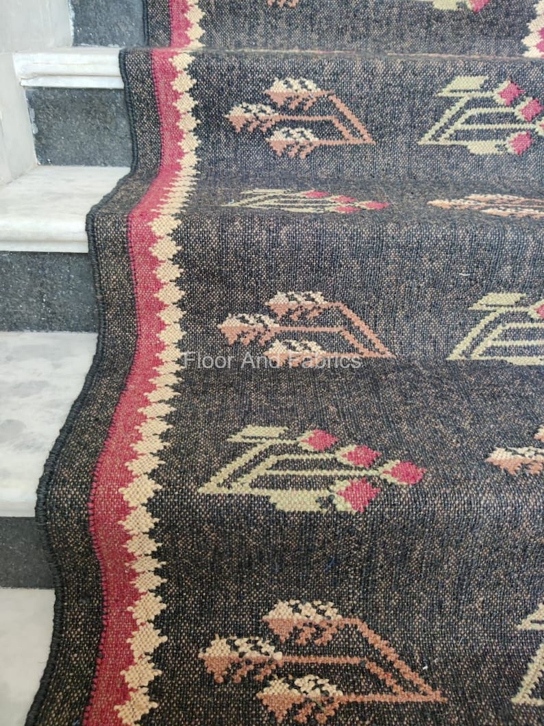 Stair Runner Rug, Black Jute Kilim Padded Carpet, Stairway Riser ...