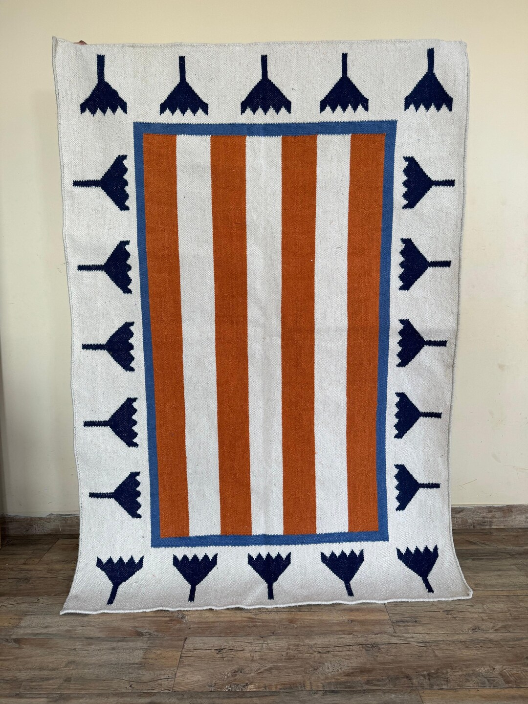 5x8 Home Decor Area Rug, Blue & Burnt Orange Rug, Flatweave Panja ...
