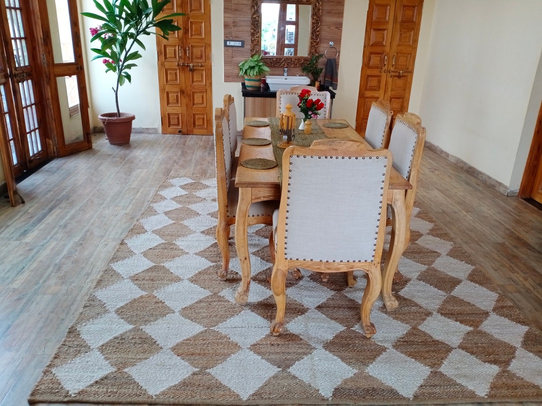 Floor Area Diamond Design Rug, Natural & Bleach Hemp Handmade Jute ...