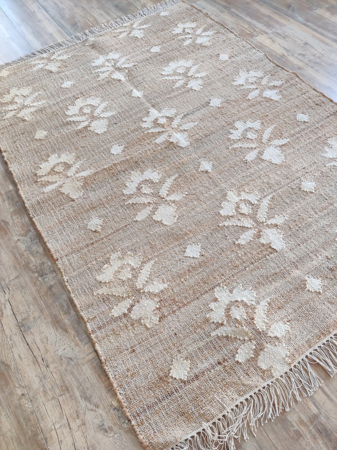 Handmade Flatweave White/beige Rug, Natural Flower Cotton Jute Rug ...
