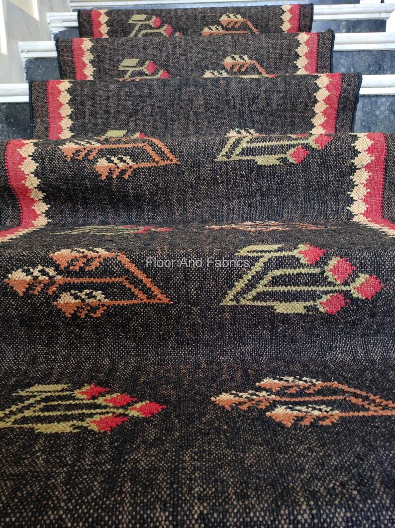 Stair Runner Rug, Black Jute Kilim Padded Carpet, Stairway Riser ...