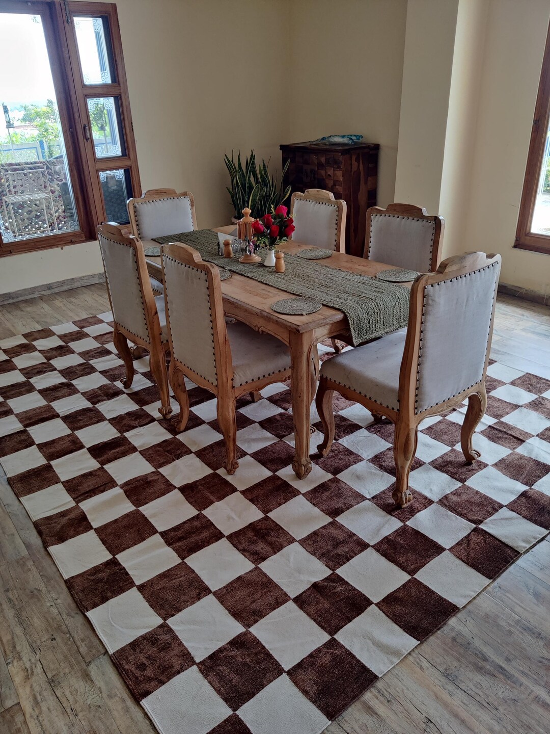 Chocolate Brown Checkerboard Flatweave Rug, Checkered Rug, Home Decor ...