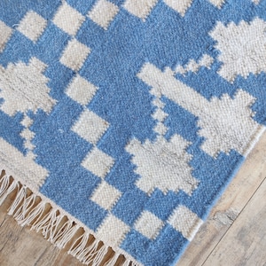 Cotton Wool Blue and White Handmade Rug, Handwoven Modern Flatweave ...