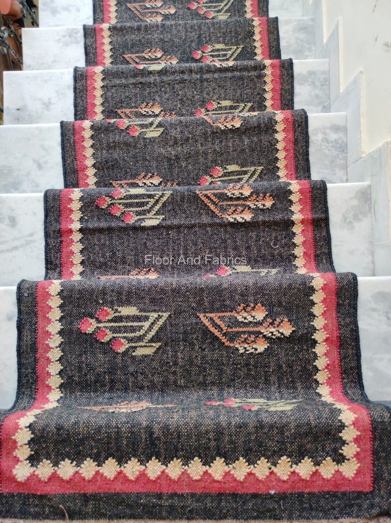 Stair Runner Rug, Black Jute Kilim Padded Carpet, Stairway Riser ...