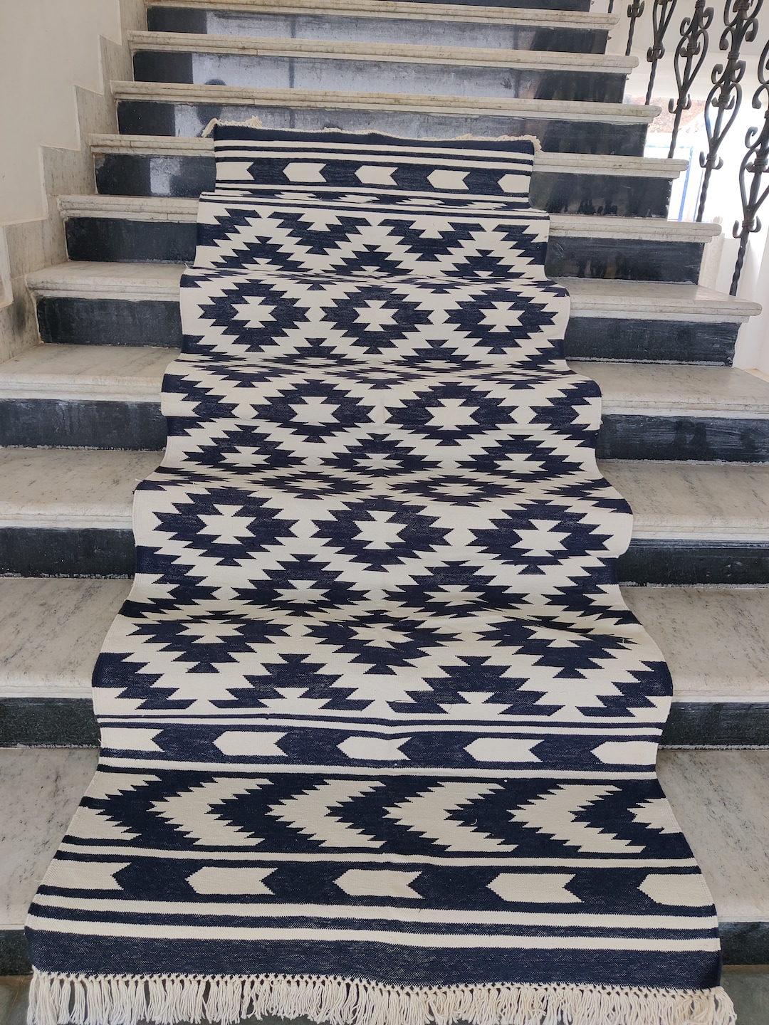 Black and White Cotton Runner, Handwoven Stair Runner, Bedside Runner ...