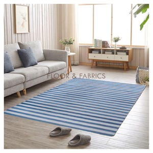 Blue Striped Handwoven Cotton Area Rug, Reversible Cotton Kilim Rug ...