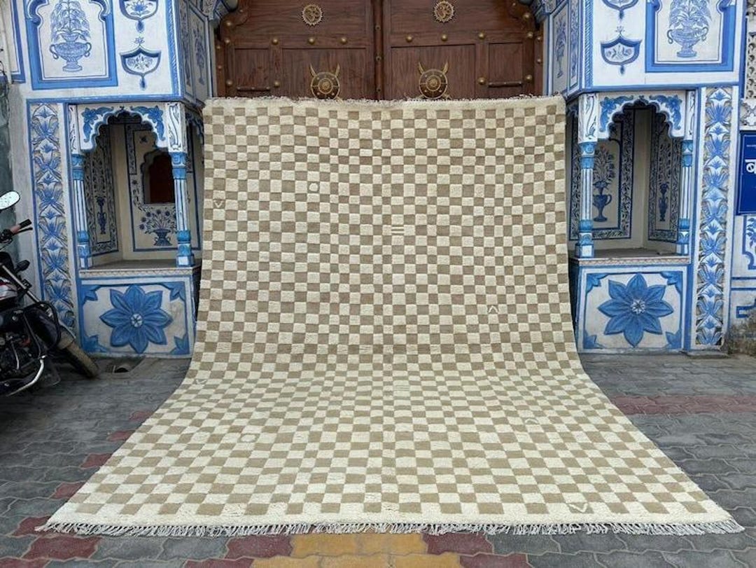 8x11 Ft New Zealand Checkered Rug, Beige and White Rug, Checkered Wool ...