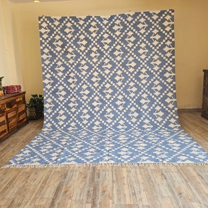 Cotton Wool Blue and White Handmade Rug, Handwoven Modern Flatweave ...
