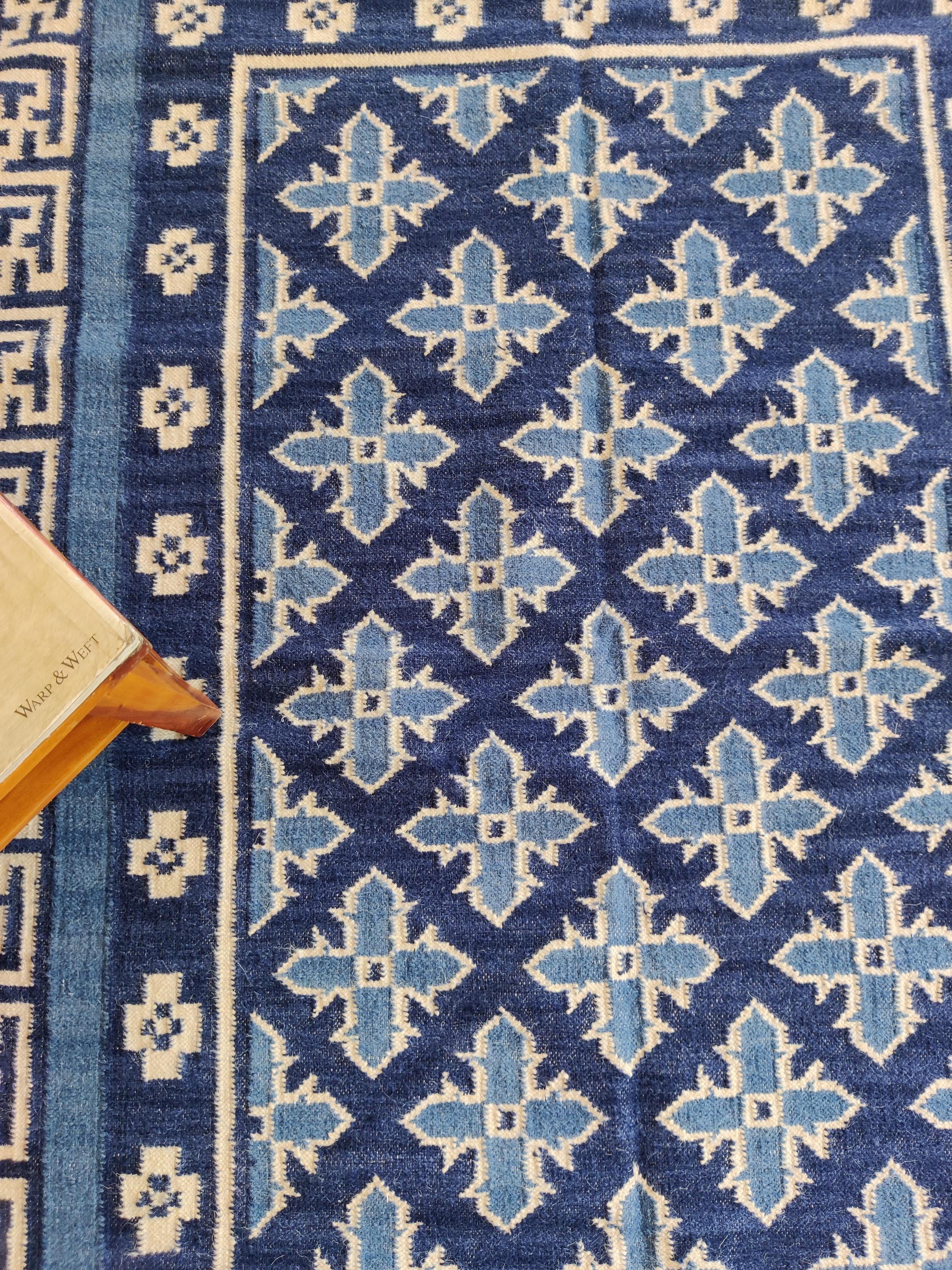 Modern Indigo Blue Handwoven Wool Rug, Geometric Floral Design ...