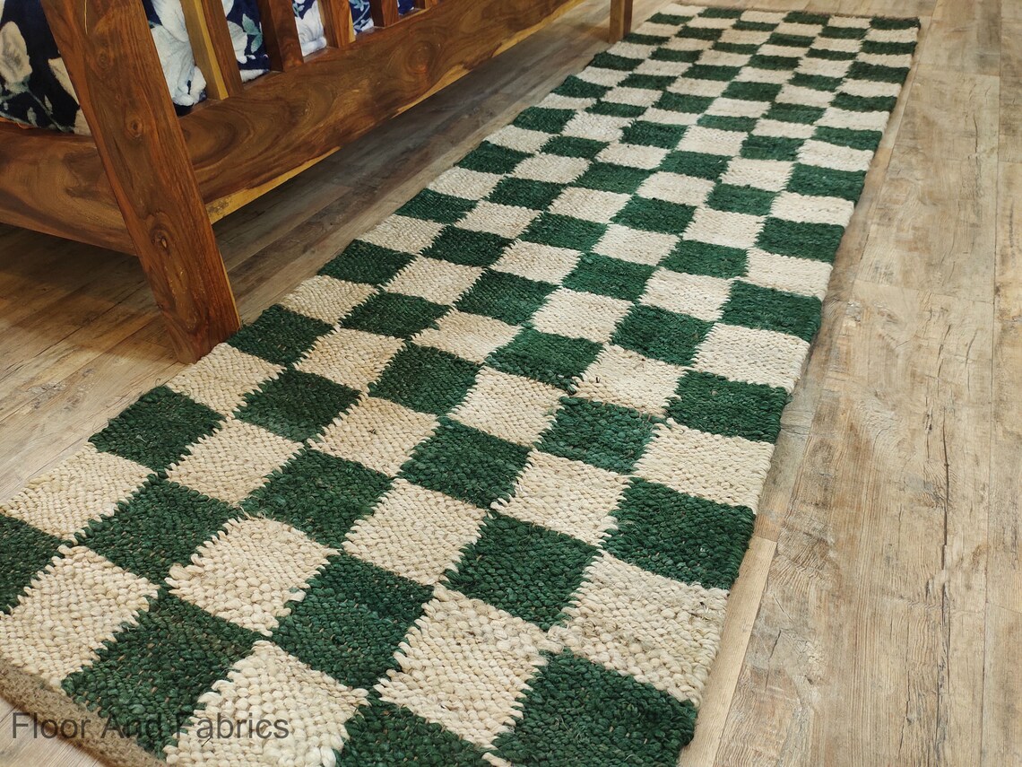 Jute Dark Green & Cream Checkered Rug Runner, Handmade Runner Rug for ...