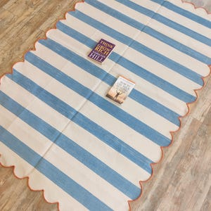 Modern Handmade Cotton Area Flat Weave Rug, Blue Striped Rug, Orange ...