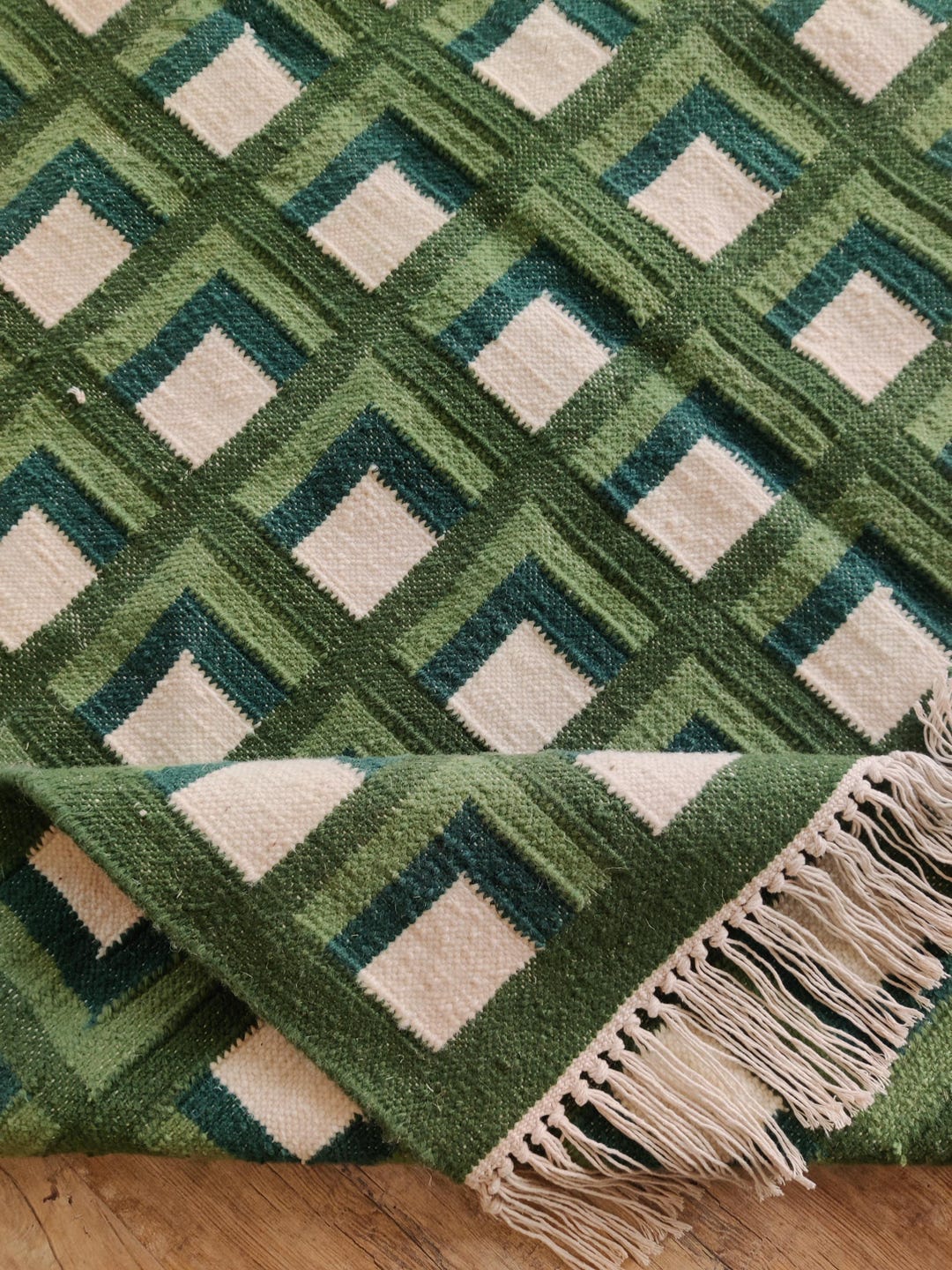 Green Checkered Wool Rug: Scandinavian Kilim Handwoven Area Rug, Modern ...