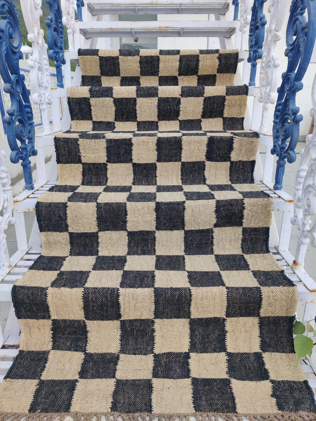 Black and Checkerboard Runner Rug, Wool Jute Stair Runner Rug, Bedside ...