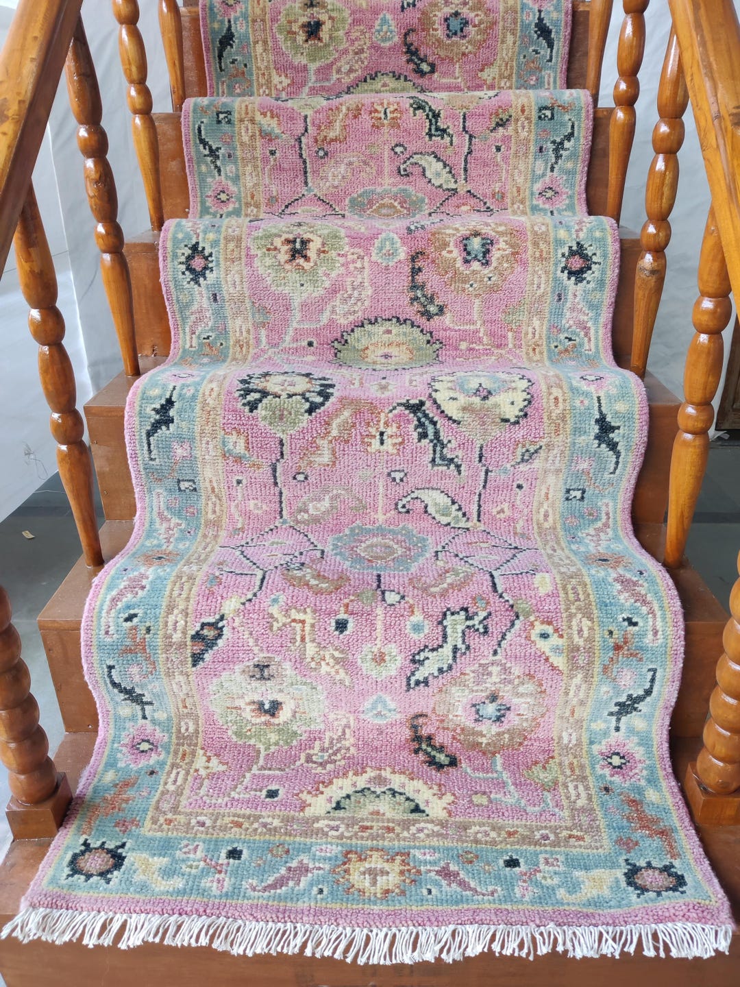 Hand-knotted Oushak Runner, Soft Pastel Pink and Blue Stair Runner Rug ...