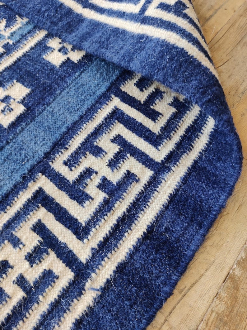 Modern Indigo Blue Handwoven Wool Rug, Geometric Floral Design ...