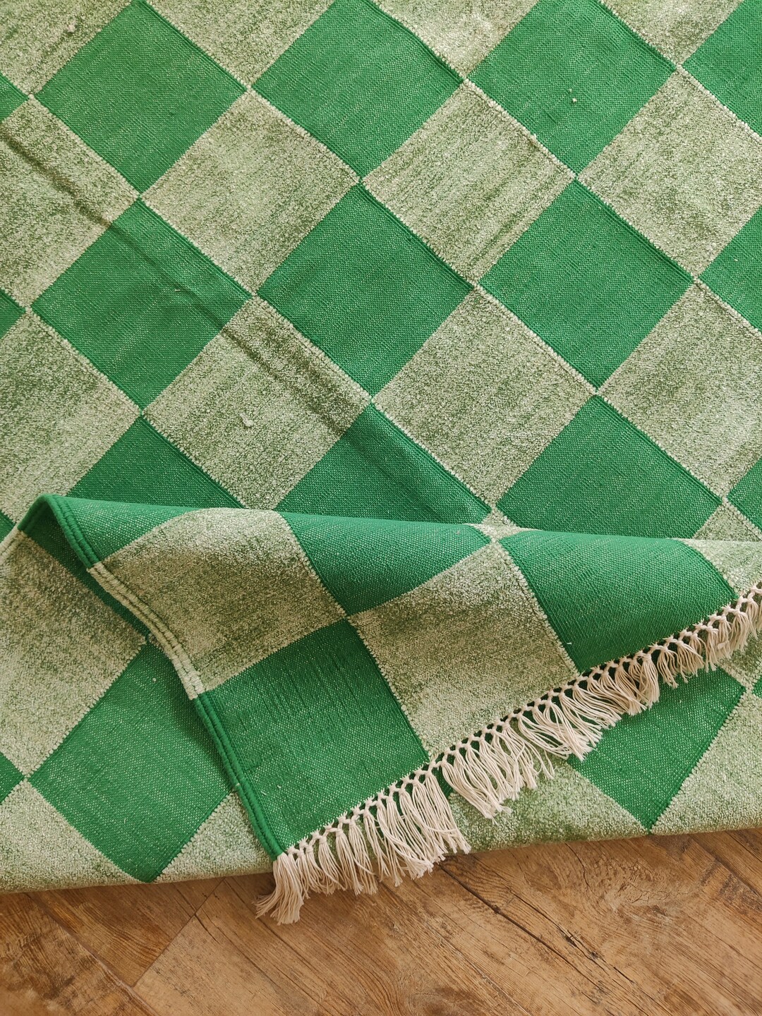 Green Checkered Cotton Chenille Rug, 8x10 Flatweave Area Rug, Handwoven ...