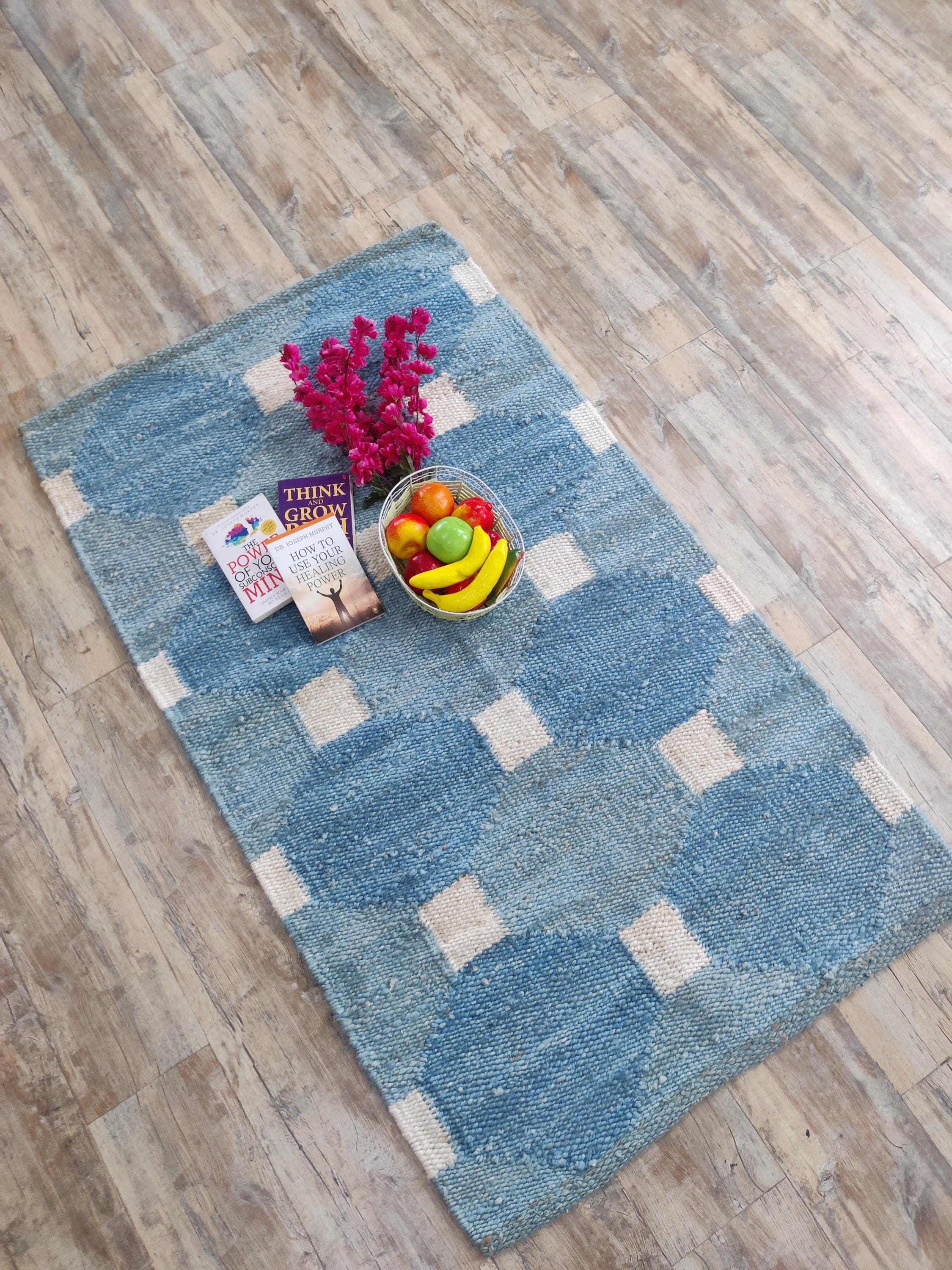 Blue Handmade Square Jute Rug, Medina Small Rug, Hand-woven Jute Hemp ...