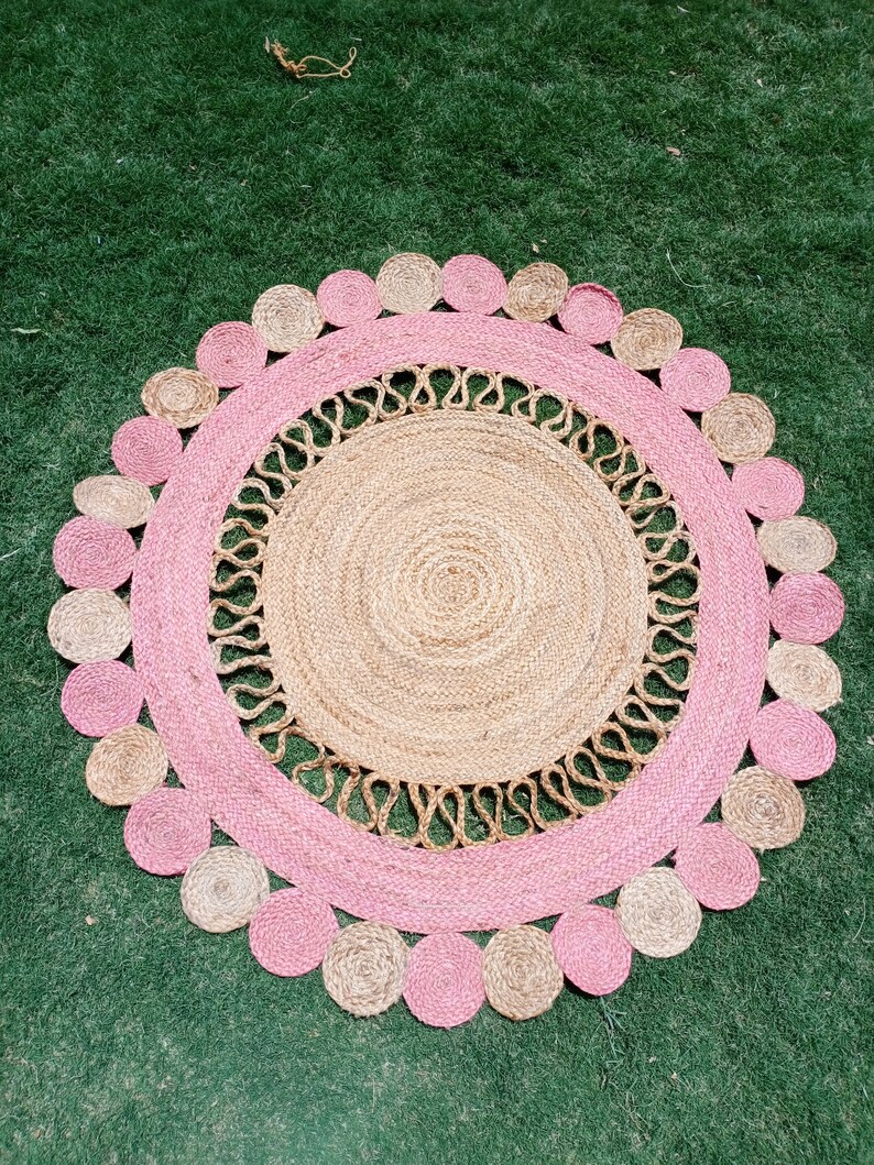 Jute Round Modern Circle Rug Natural With Baby Pink Jute - Etsy