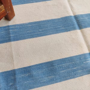 Modern Handmade Cotton Area Flat Weave Rug, Blue Striped Rug, Orange ...
