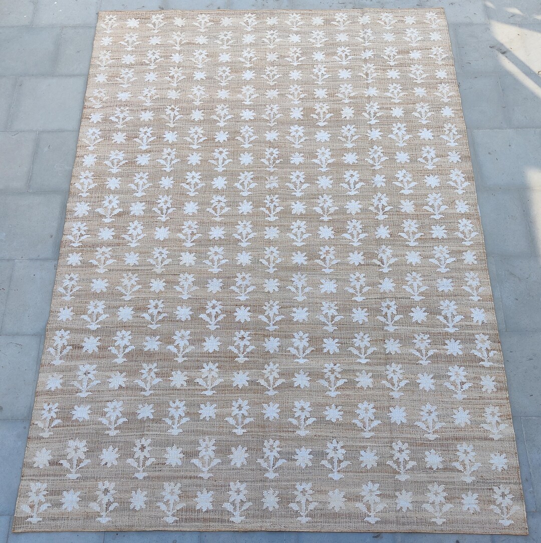 6X9 FT White Custom Runner, Home Decor Jute Floral Design Rug, Handmade ...