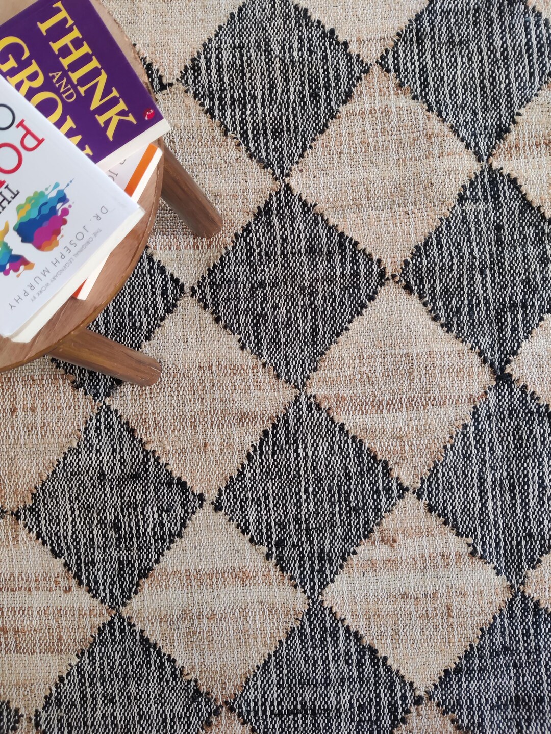 Natural Jute Area Rug, Black Diamond Jute Rug, Checkerboard Rug, Cotton ...