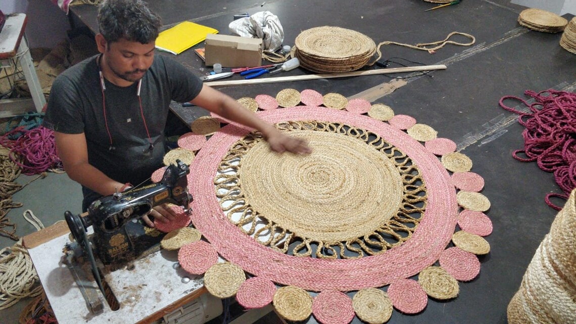 Jute Round Modern Circle Rug Natural With Baby Pink Jute - Etsy