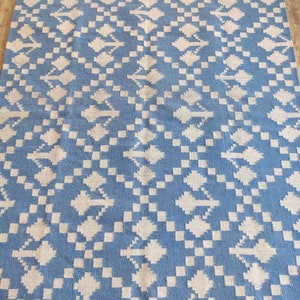 Cotton Wool Blue and White Handmade Rug, Handwoven Modern Flatweave ...
