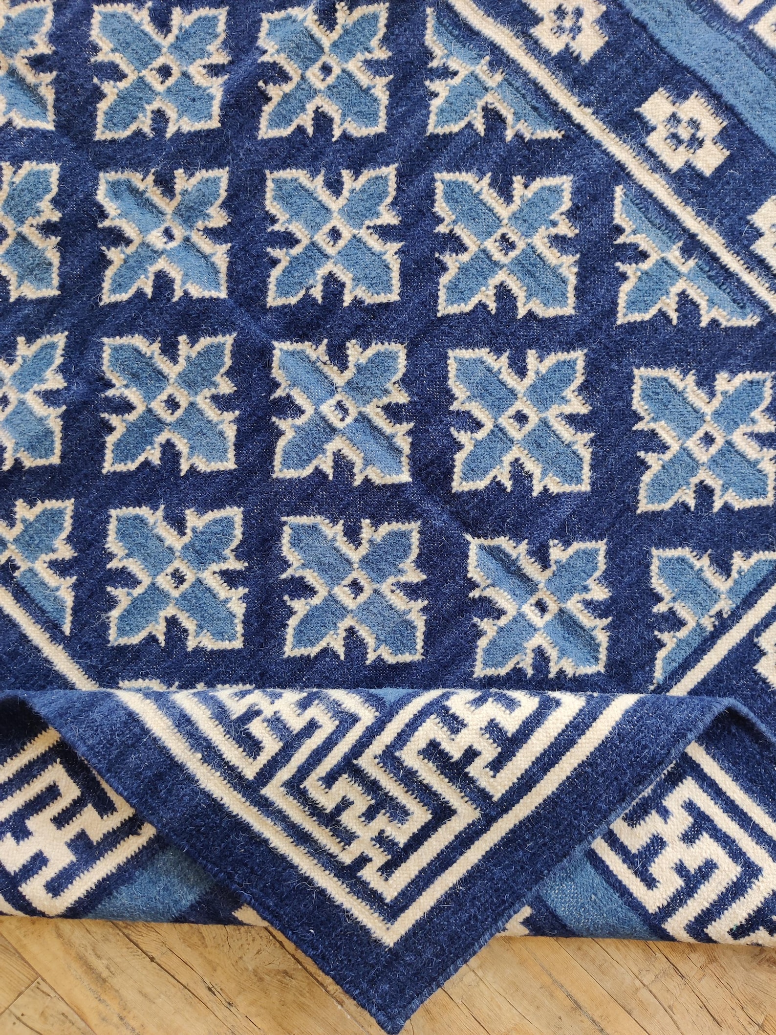 Modern Indigo Blue Handwoven Wool Rug, Geometric Floral Design ...