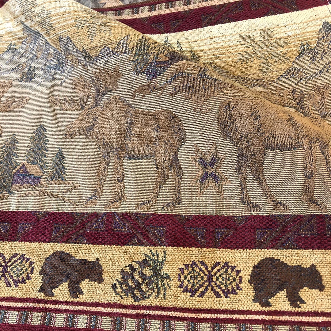 Upholstery Fabric Maroon Log Cabin Animal Jacquard Material for ...