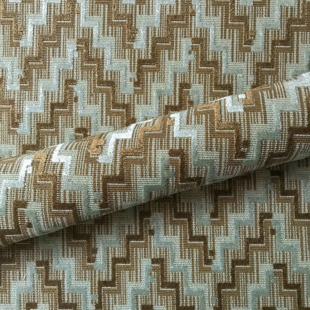 Upholstery Fabric Pale Blue and Brown Mid Century Geometric Velvet Cut ...