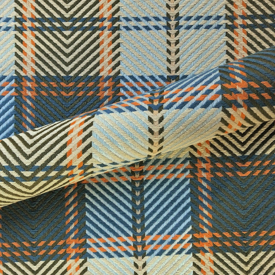Upholstery Fabric Blue Orange Chevron Plaid Embroidered Upholstery ...