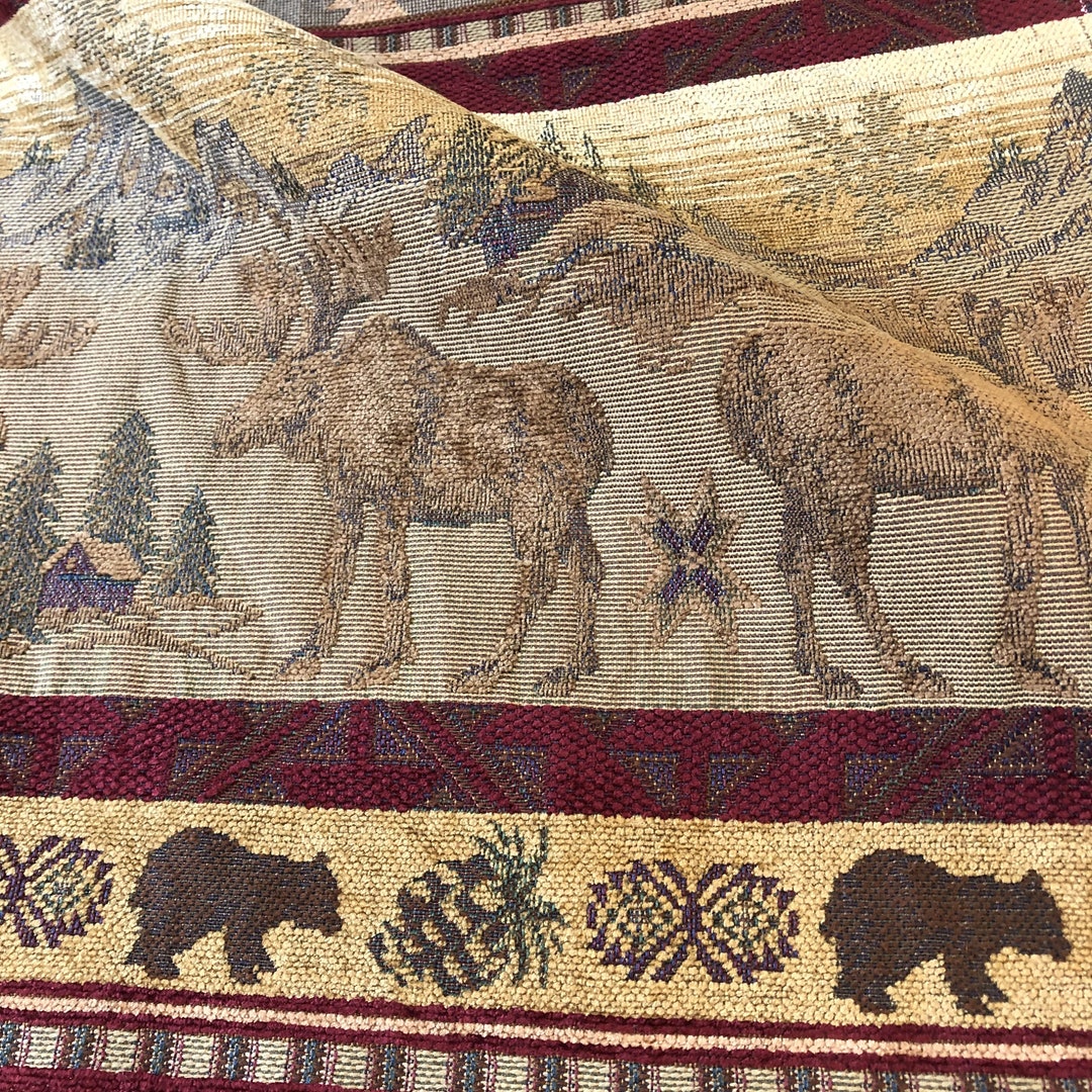 Upholstery Fabric Maroon Log Cabin Animal Jacquard for Sofas Chairs ...