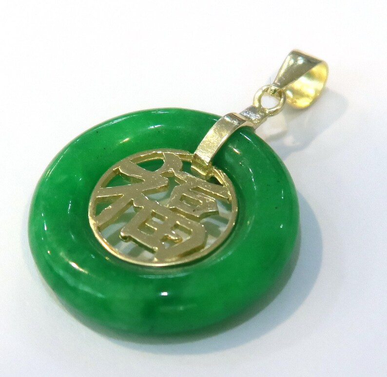14k Gold Over 925 Sterling Silver Green Jade With Chinese Word fortune ...