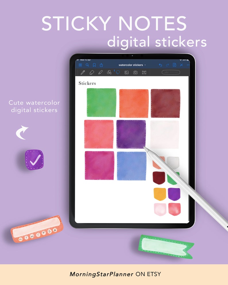 Cute Digital Stickers watercolor Sticky Notes for Goodnotes Planner ...