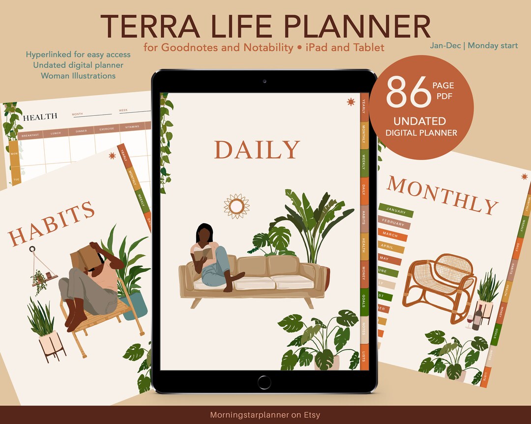 Undated Digital Planner, Terracotta Life Planner, Woman Illustration ...