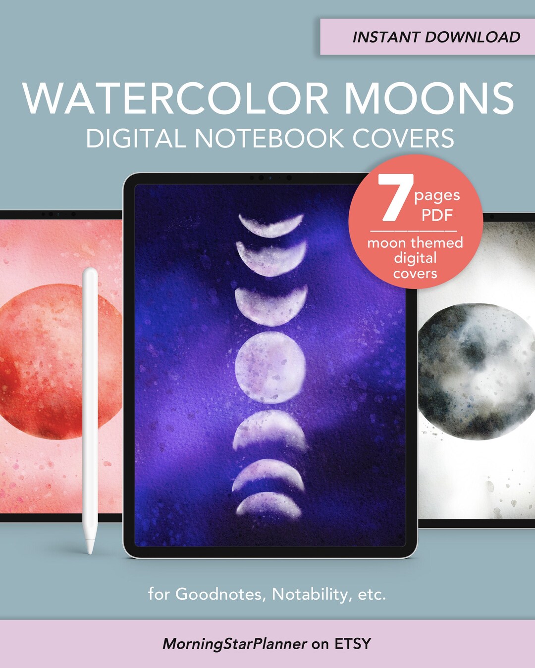 Digital Notebook Covers With Watercolor Moons, Goodnotes Planner Cover ...