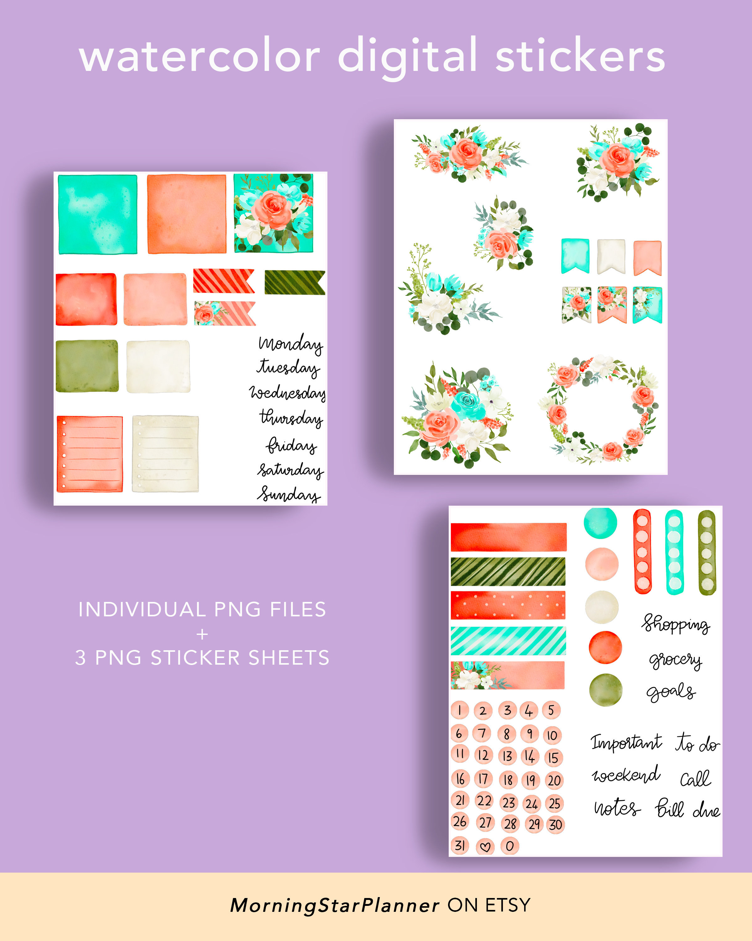 Buy Coral Mint Digital Stickers for Goodnotes Planner, Watercolor ...